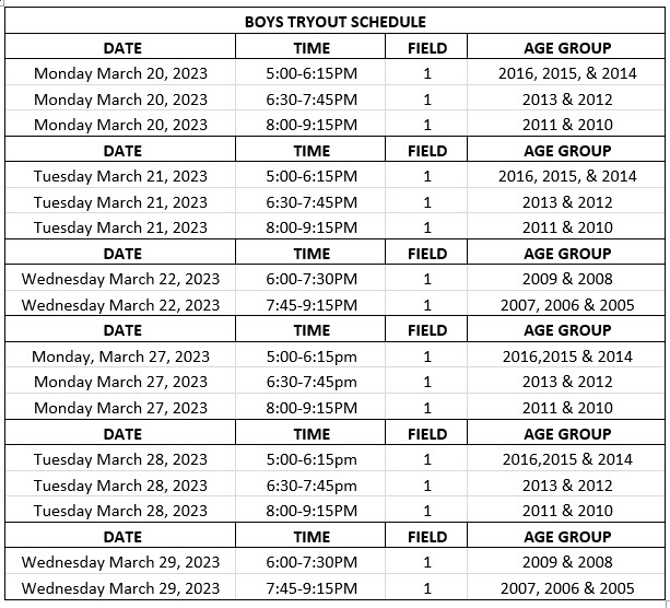 Boys Tryout Schedule